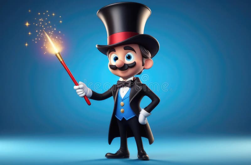 Charming Cartoon Magician with Top Hat and Wand Creating Magic on ...
