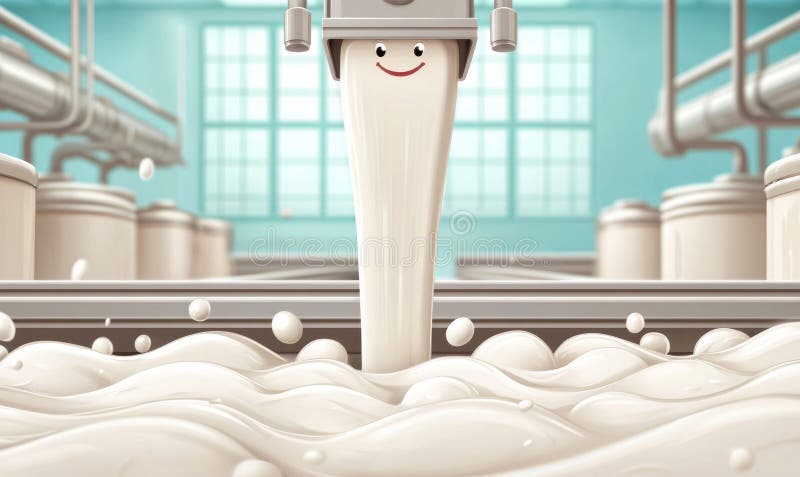 Animated Milk Pouring from a Friendly Machine into a Factory Production ...