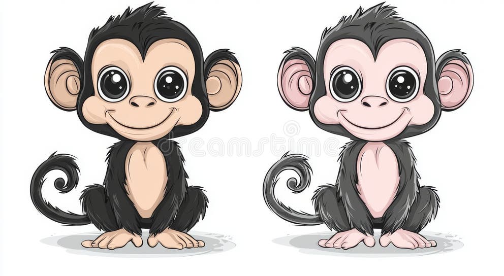 Charming Cartoon Monkey Character in Color and Outline Stock Image ...