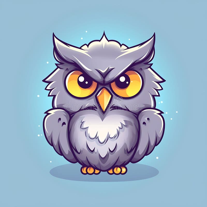 Adorable Cartoon Owl with Big Eyes and a Grumpy Expression on a Blue Background. Stock ...