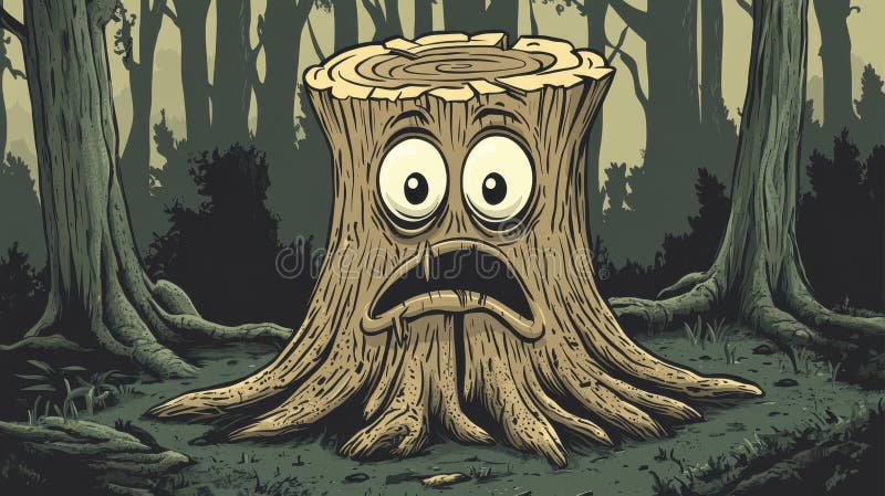 A Charming Cartoon Tree Stump with a Sad Expression, Ideal for Logos ...