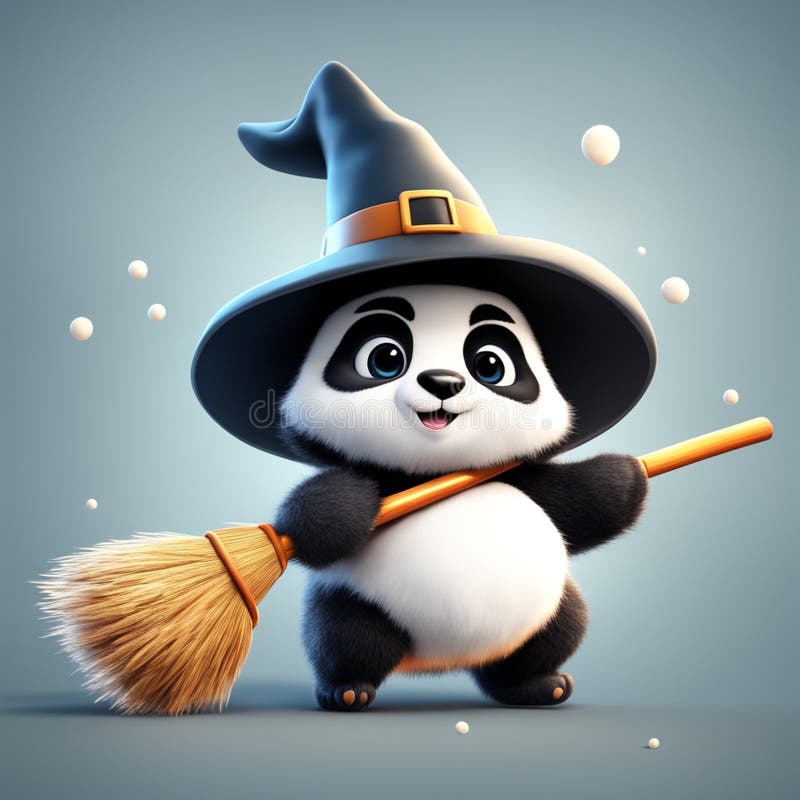 Cute Witch Panda Flying with Magic Broom Cartoon Stock Illustration ...