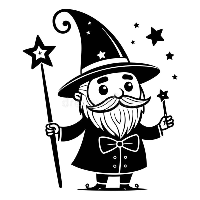 Charming Cartoon Wizard with Stars Magic Wand and Playful Expression ...