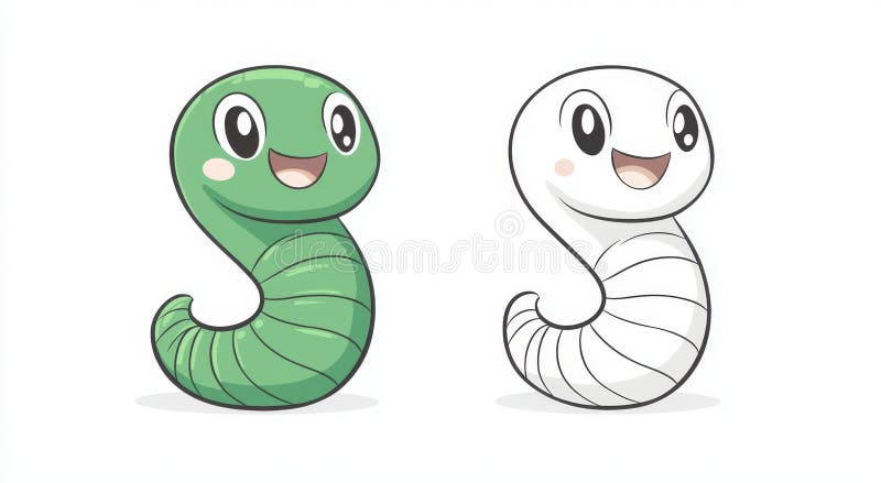 Charming Cartoon Worm Character with Both Colorful and Outline Versions ...