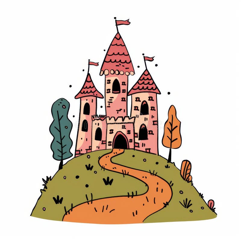 Charming Castle on Hill with Colorful Trees and a Winding Path. Cute ...