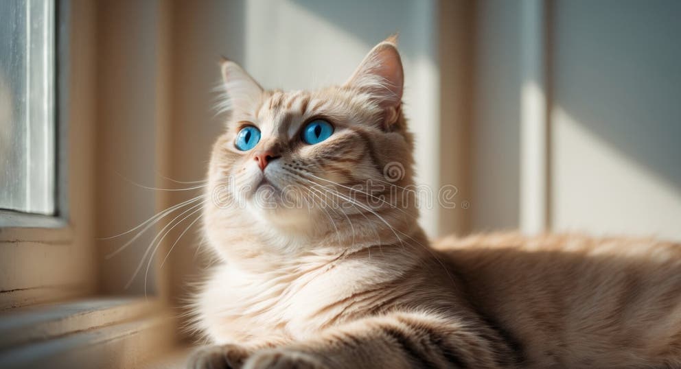 Charming Cat with Bright Blue Eyes Resting by Sunlit Window. Stock ...
