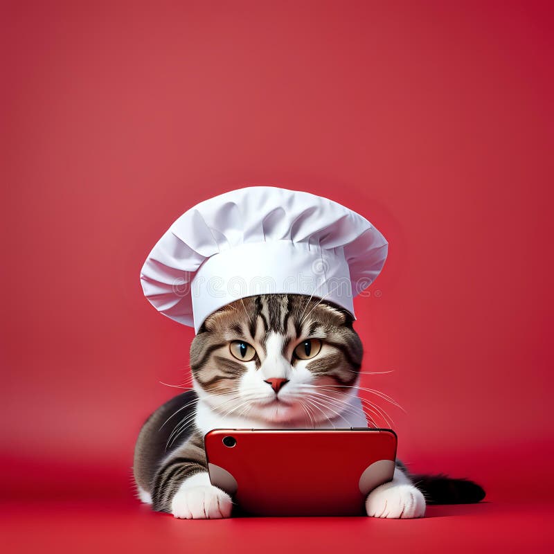 Charming Cat in a Chef Hat Set Against a Bold Red Backdrop. Cute ...