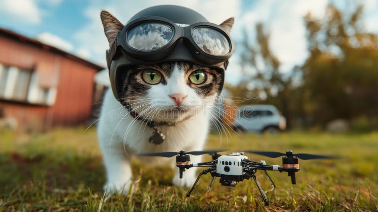 A Charming Cat Navigating a High-tech Drone on an Airborne Journey ...