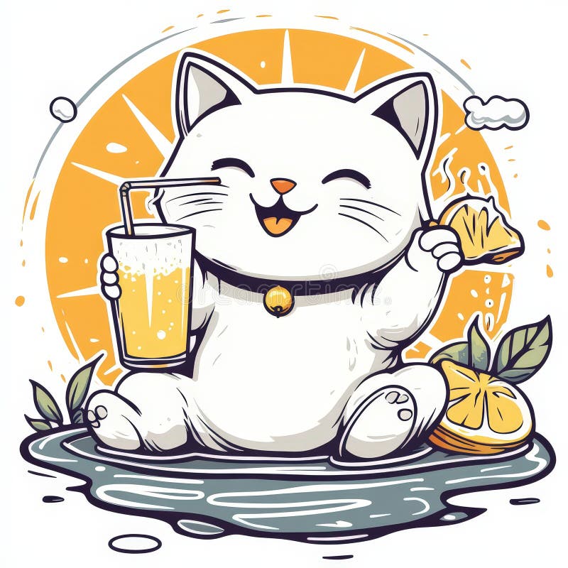 Charming Cat Sipping Lemonade by the Pool with Splash and Sunburst ...