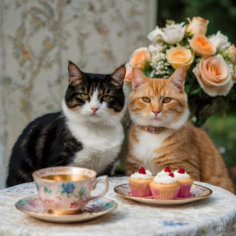 Charming Cats at a Lavish Tea Party Stock Illustration - Illustration of kitten, animals: 340008857
