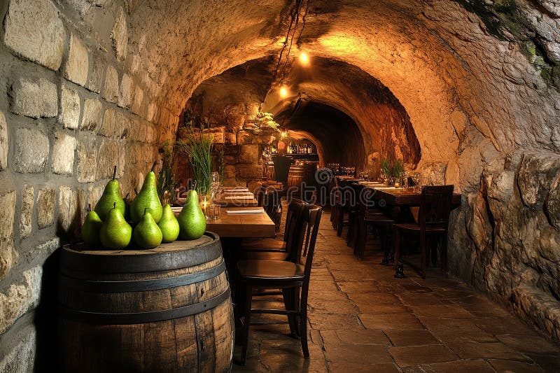 Rustic Cave Bistro with Stone Walls and Warm Lighting Ambiance Stock ...