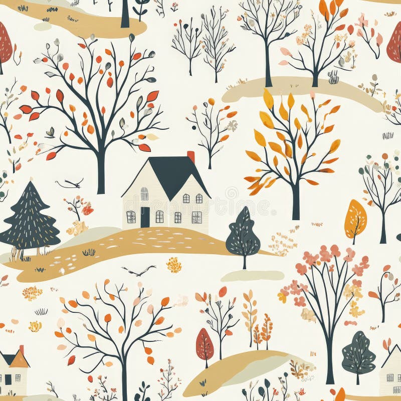 A Charming Changing Landscape Pattern Showing a Little House Surrounded ...
