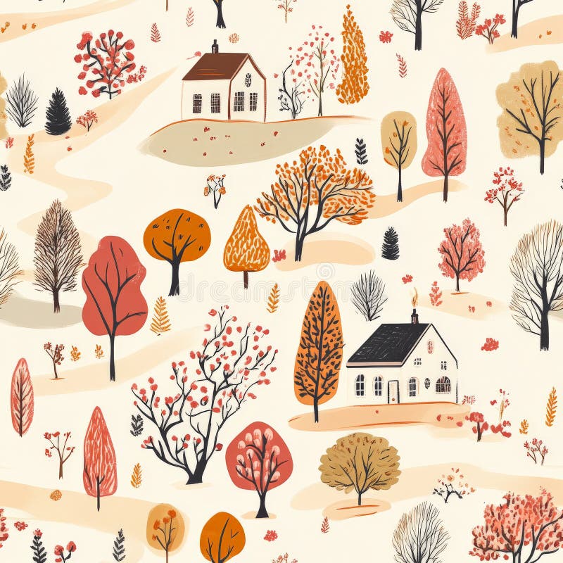 A Charming Changing Landscape Pattern Showing a Little House Surrounded ...