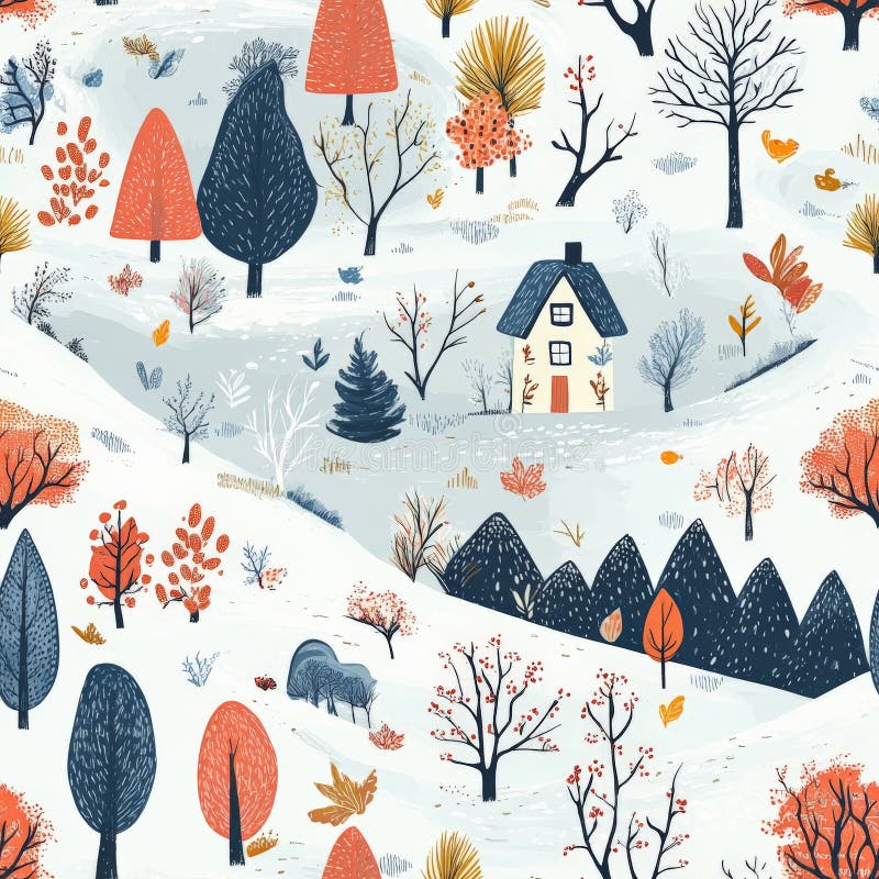 A Charming Changing Landscape Pattern Showing a Little House Surrounded ...