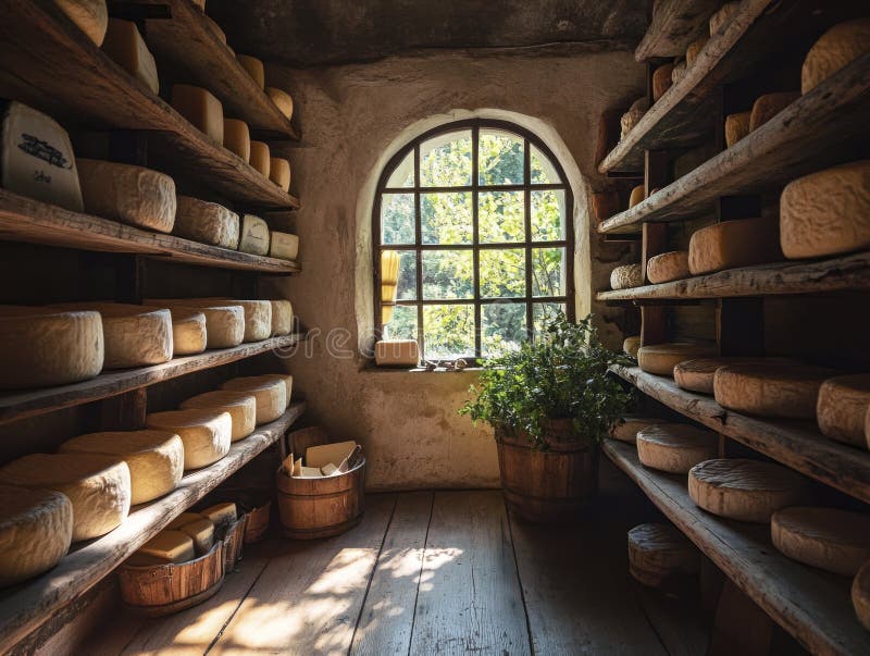 Cheese Cellar, Wooden Shelves, Cheese, Natural Light. Stock ...