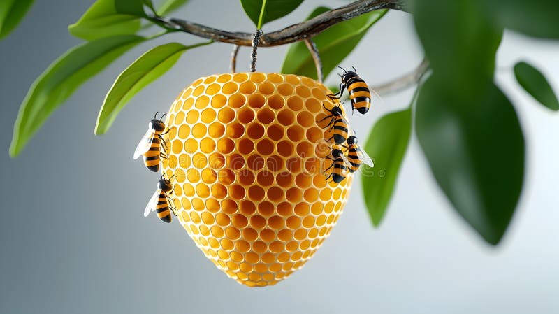 Charming Chibi Beehive with Buzzing Bees Hanging from Tree Branch in ...