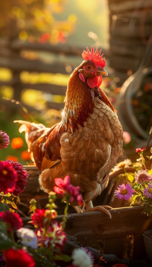 Charming Chicken Explores a Sunlit Barnyard Amidst Vibrant Flowers and ...
