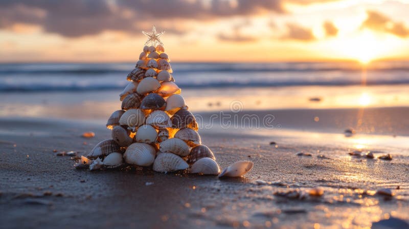 A Charming Christmas Tree Crafted from Seashells on the Beach during a ...