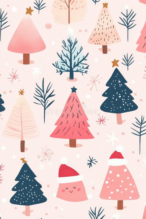 Charming Christmas Tree Pattern with Whimsical Designs in Pastel Pink ...