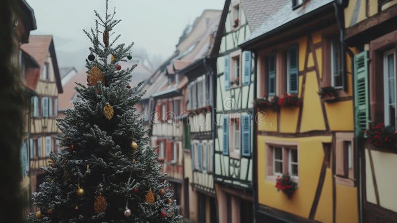 Charming Christmas Tree in Snowy Alsatian Village Stock Image - Image ...