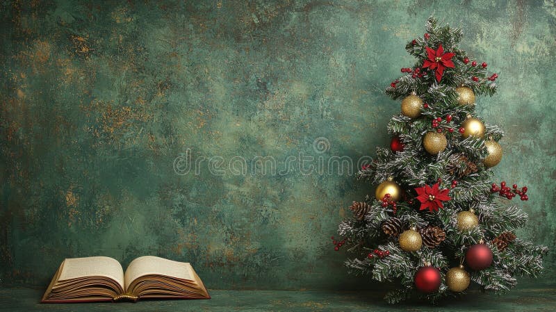 A Charming Christmas Vignette with a Tiny Tree, an Open Book, Ornaments ...