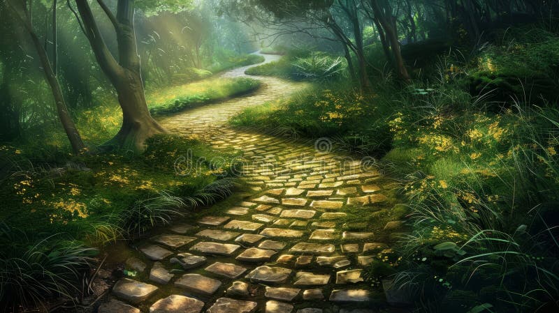 Charming Cobblestone Path Meandering through Lush Green Forest Inviting ...