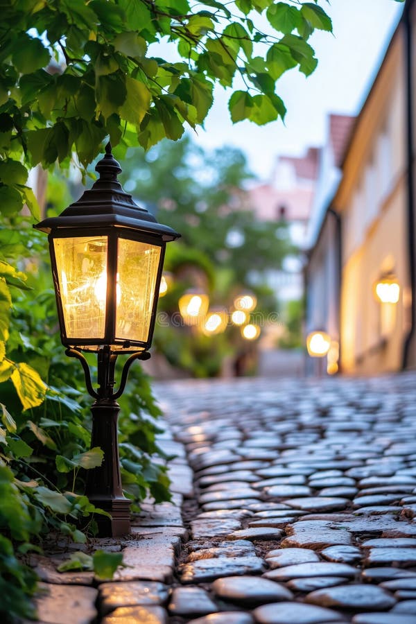 Charming Cobblestone Pathway Leading To Historic Old Town at Dusk Stock ...