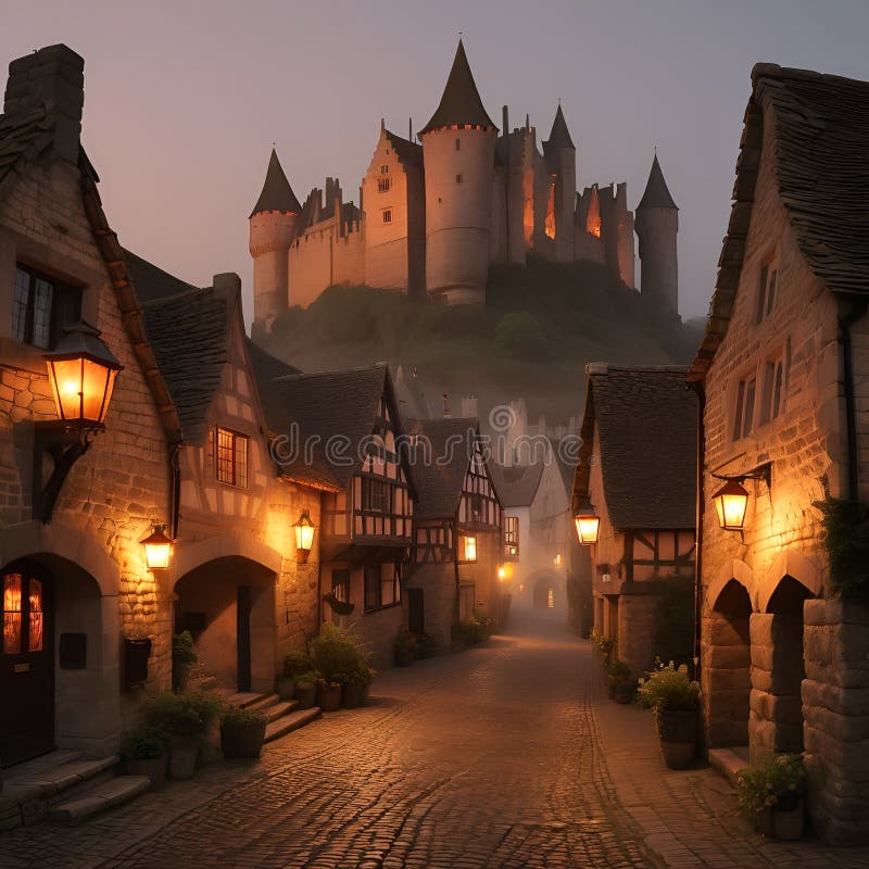 A Charming Cobblestone Street Featuring a Castle Prominently in the ...