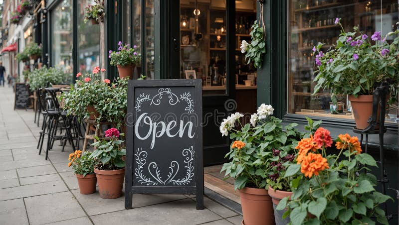 Charming Coffee Shop Sign with Handwritten Open in Chalk Surrounded by ...