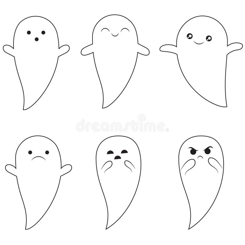 Simple Cute White Ghost Character Set of 6, Simple Flat Ghosts, Vector ...