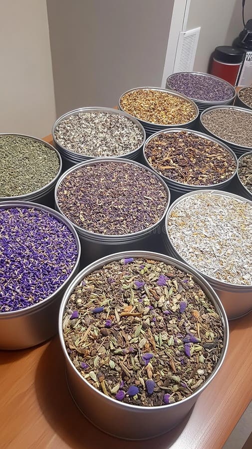 Collection of Tea Leaves and Herbs in Decorative Containers Stock Image ...