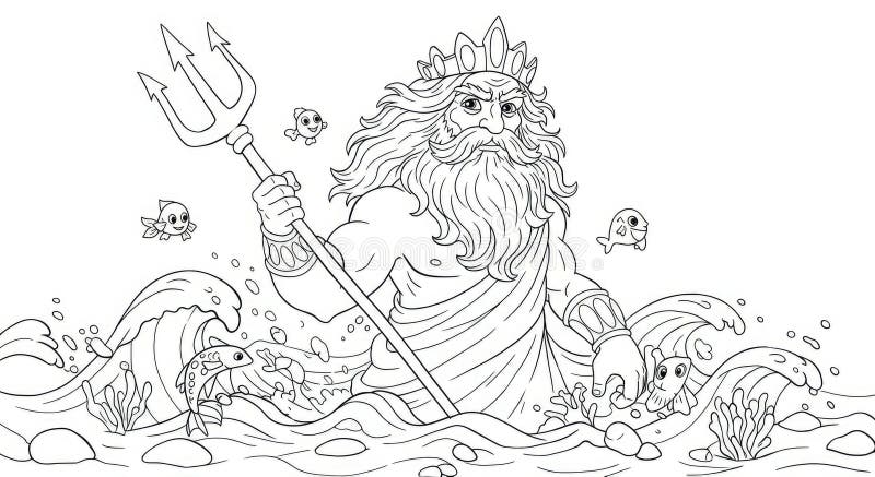 Coloring Page of Happy Poseidon with Trident and Little Sea Animals ...