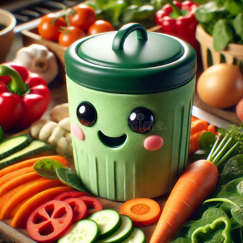 Adorable Compost Bin with a Smiling Face Surrounded by Fresh Vegetables ...