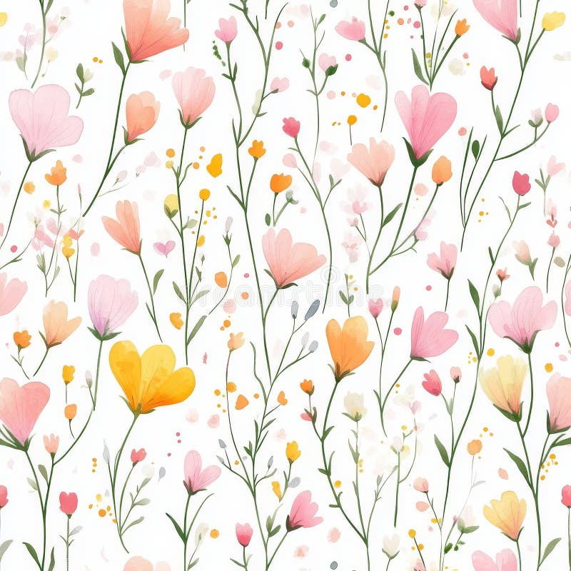 Charming Continuous Floral Pattern with Gentle Watercolor Spring Blooms ...