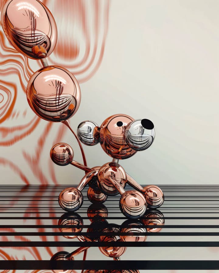 Copper Dog Sculpture Standing on Reflective Surface with Abstract ...