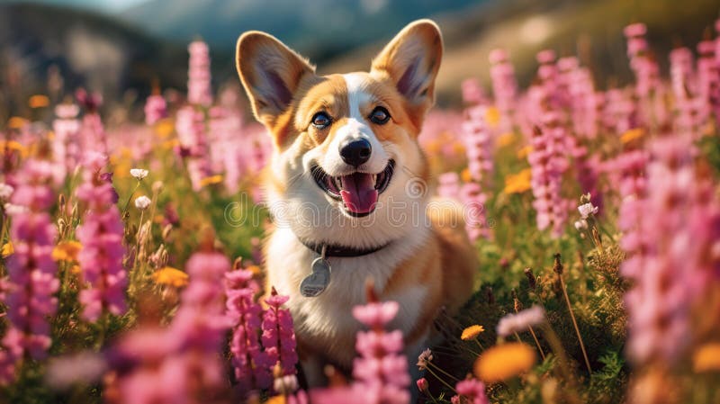 Charming Corgi Dog in Flowers in the Spring Mountains Generative AI ...