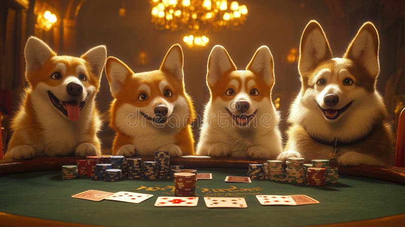 Charming Corgis Playing Poker at a Dimly Lit Table with Poker Chips and Cards Stock Illustration ...