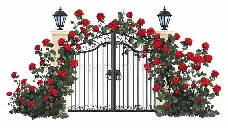 Charming Cottage Garden Gate with Vibrant Red Roses - Vector ...