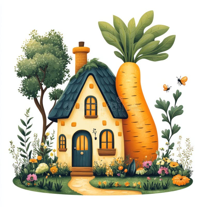 Charming Cottage Illustration with Carrot House and Garden Stock ...