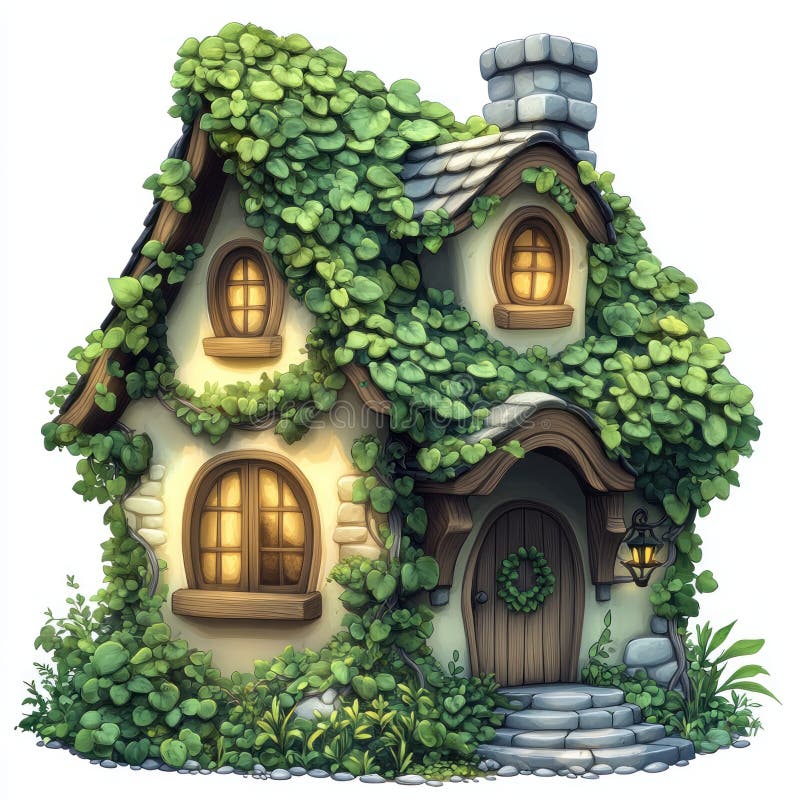 Charming Cottage Illustration with Stone Steps and Greenery Stock ...
