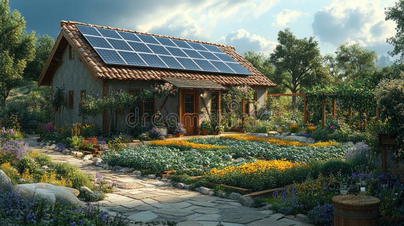 A Charming Cottage with a Solar Panel Roof and a Lush Garden Stock ...