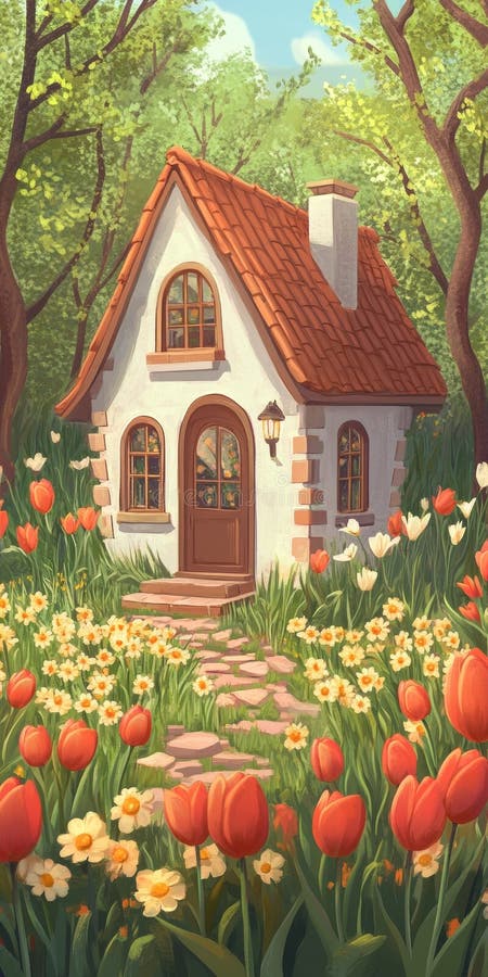 Charming Cottage in a Spring Garden Stock Illustration - Illustration ...