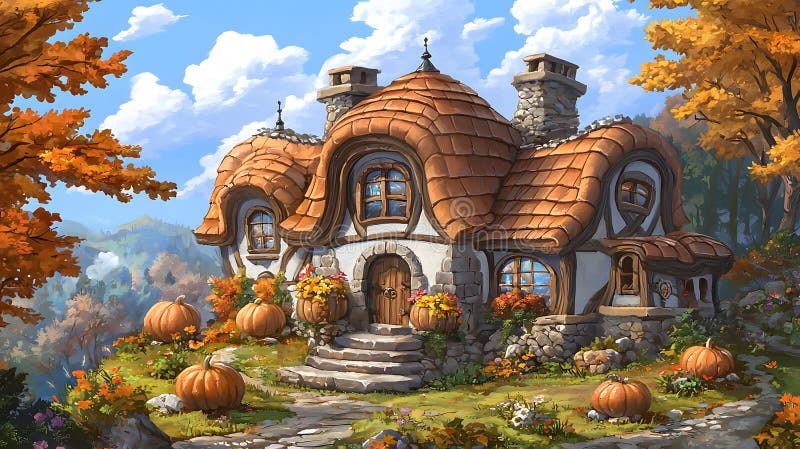 Charming Cottage Surrounded by Autumn Pumpkins Stock Illustration ...