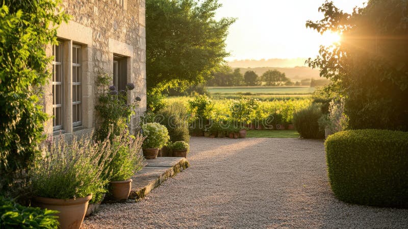 Charming Country House with Sunlit Garden Pathway at Sunset Stock Image ...
