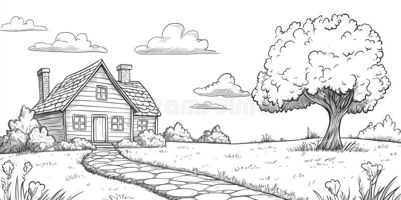 Charming Countryside House Pathway Surrounded Trees Clouds Serene ...