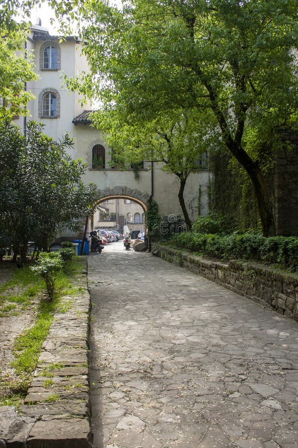 Charming Courtyard with a Cobblestone Pathway and Arched Gateway. Green ...