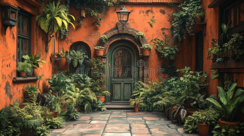 Charming Courtyard with Lush Greenery and Rustic Orange Walls in a ...