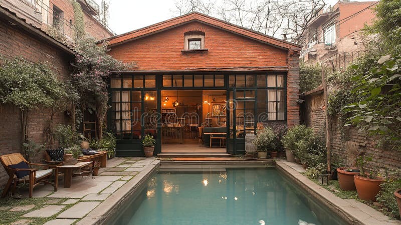 Charming Courtyard with Pool and a Bright Interior Stock Illustration ...
