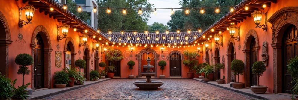 Charming Courtyard with Warm Lighting and Decorative Arches at Dusk ...