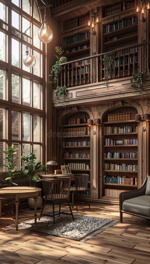 Charming Cozy Library Interior with Wooden Shelves, Elegant Lighting and Inviting Reading Tables ...